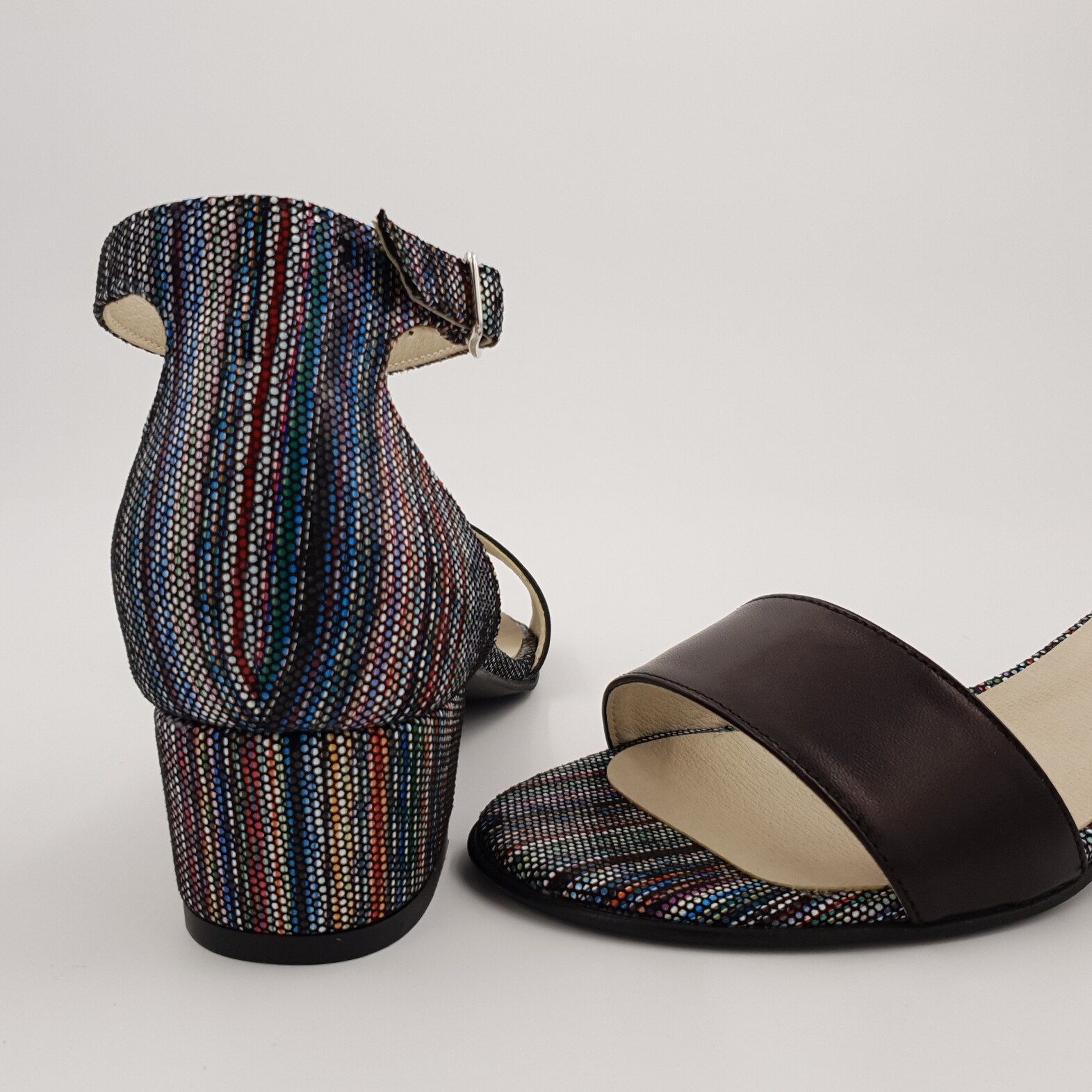 Sandale dama, SandAli, piele naturala, toc mic gros, negru cu linii ...