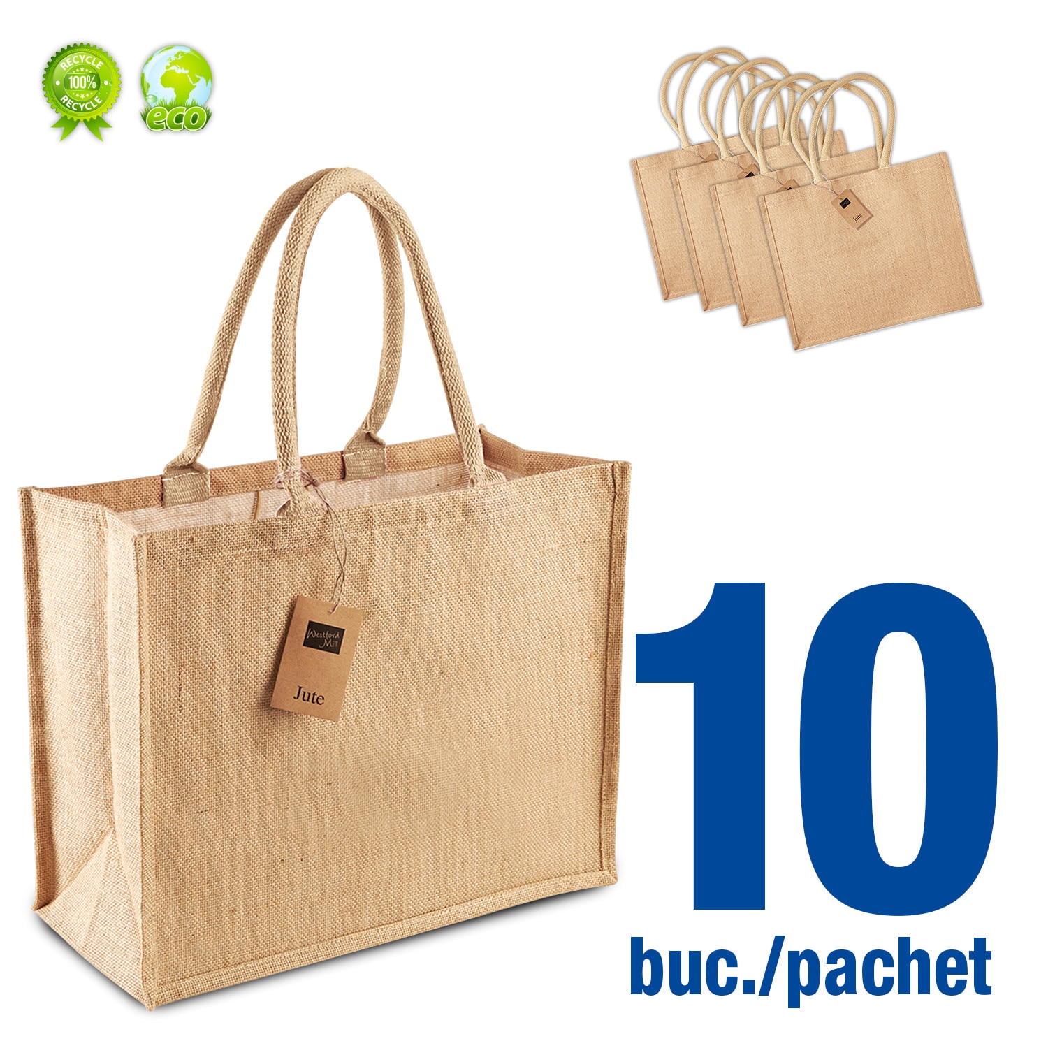 Sacosa iuta, set 10 bucati, 42x33x19 cm, culoare Natur, toarta Natur ...