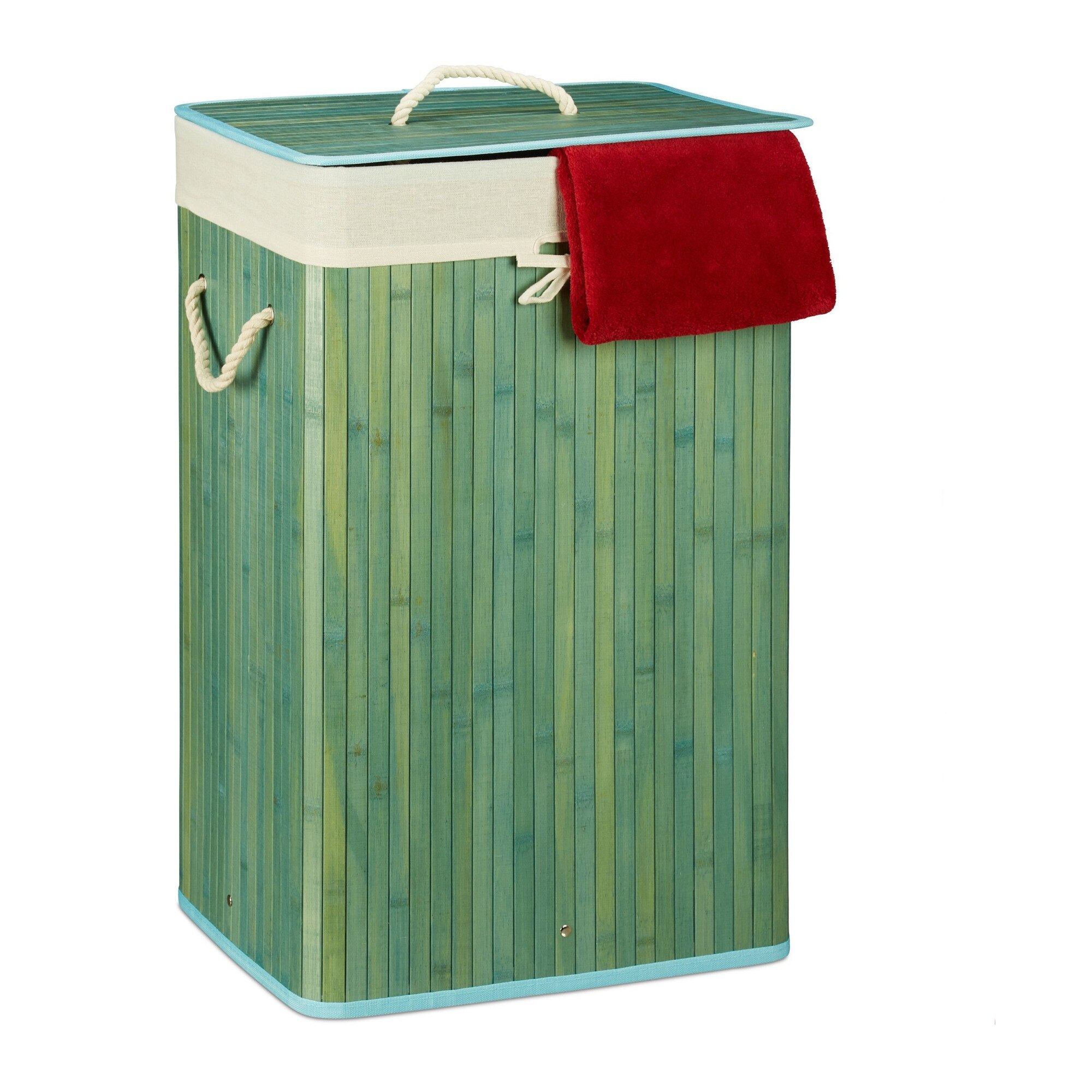 Cos rufe bambus, 82 litri, pliabil, cu capac, turcoaz, Relaxdays - eMAG.ro