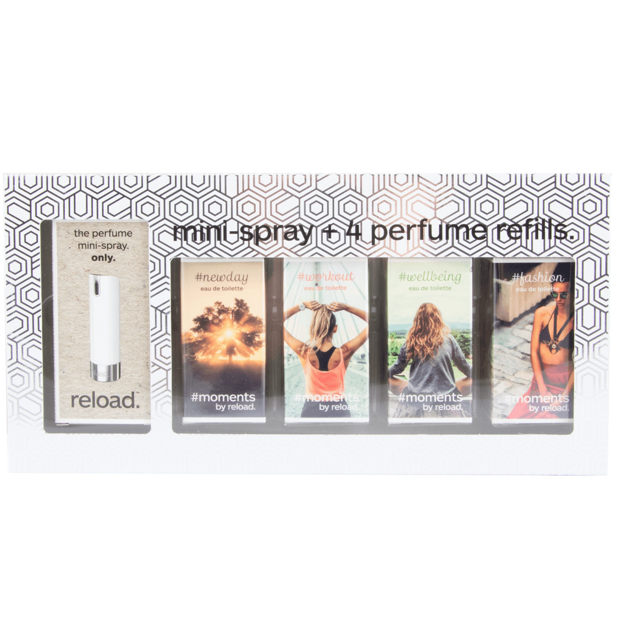 Set 4 mini parfumuri cu dispozitiv mini-spray Moments by Reload, 4x5 ml ...