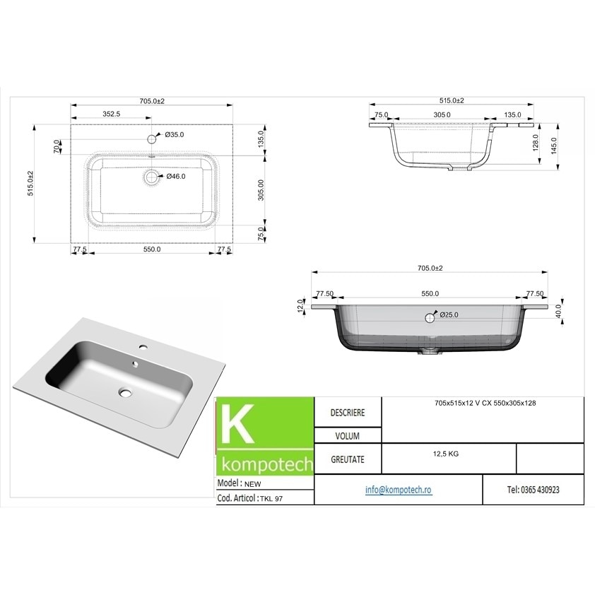 Lavoar compozit pentru mobilier baie 705x515x12 V.CX 550x305x128 mm ...