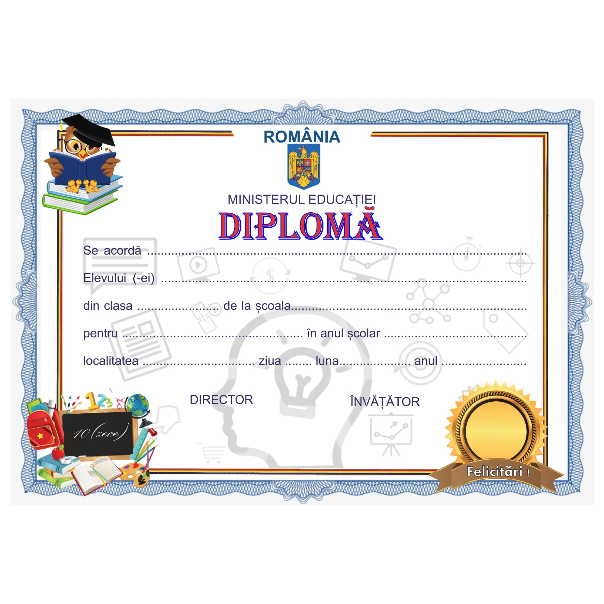 Set 10 bucati diplome scolare, model 2, format A4, carton 300 grame ...