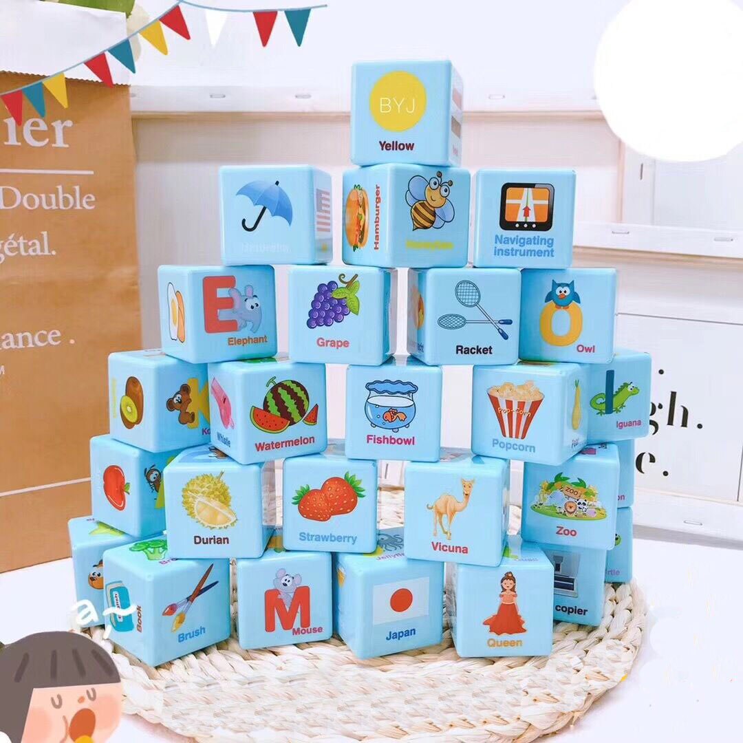 Set interativ 26 de cuburi cu litere, fiecare cub 6 poze, Albastru, 4 ...