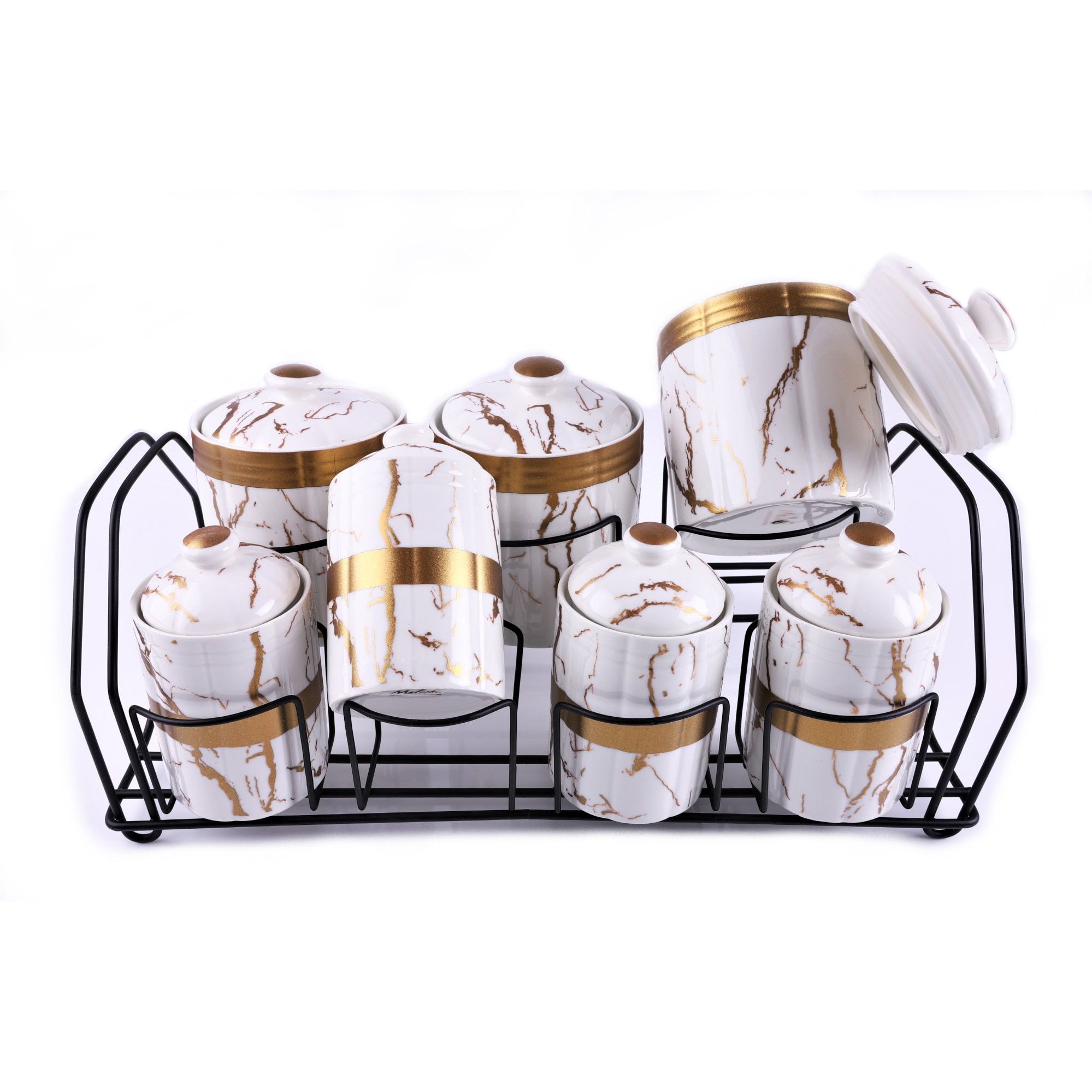 Set de 7 recipiente pentru condimente din portelan + suport metal ...