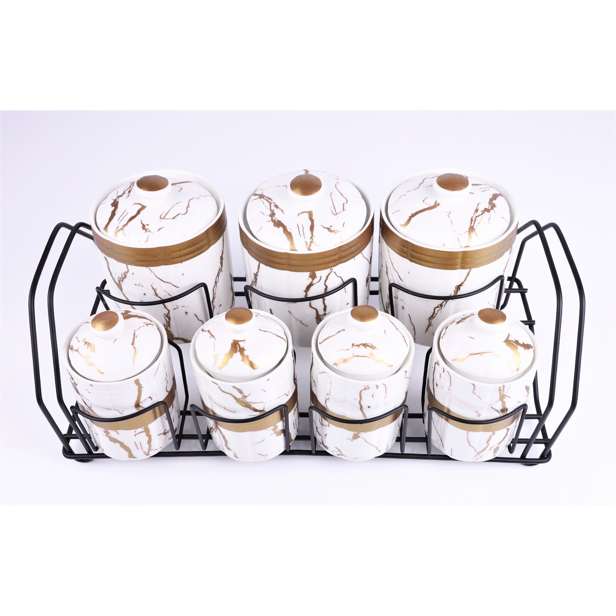 Set de 7 recipiente pentru condimente din portelan + suport metal ...