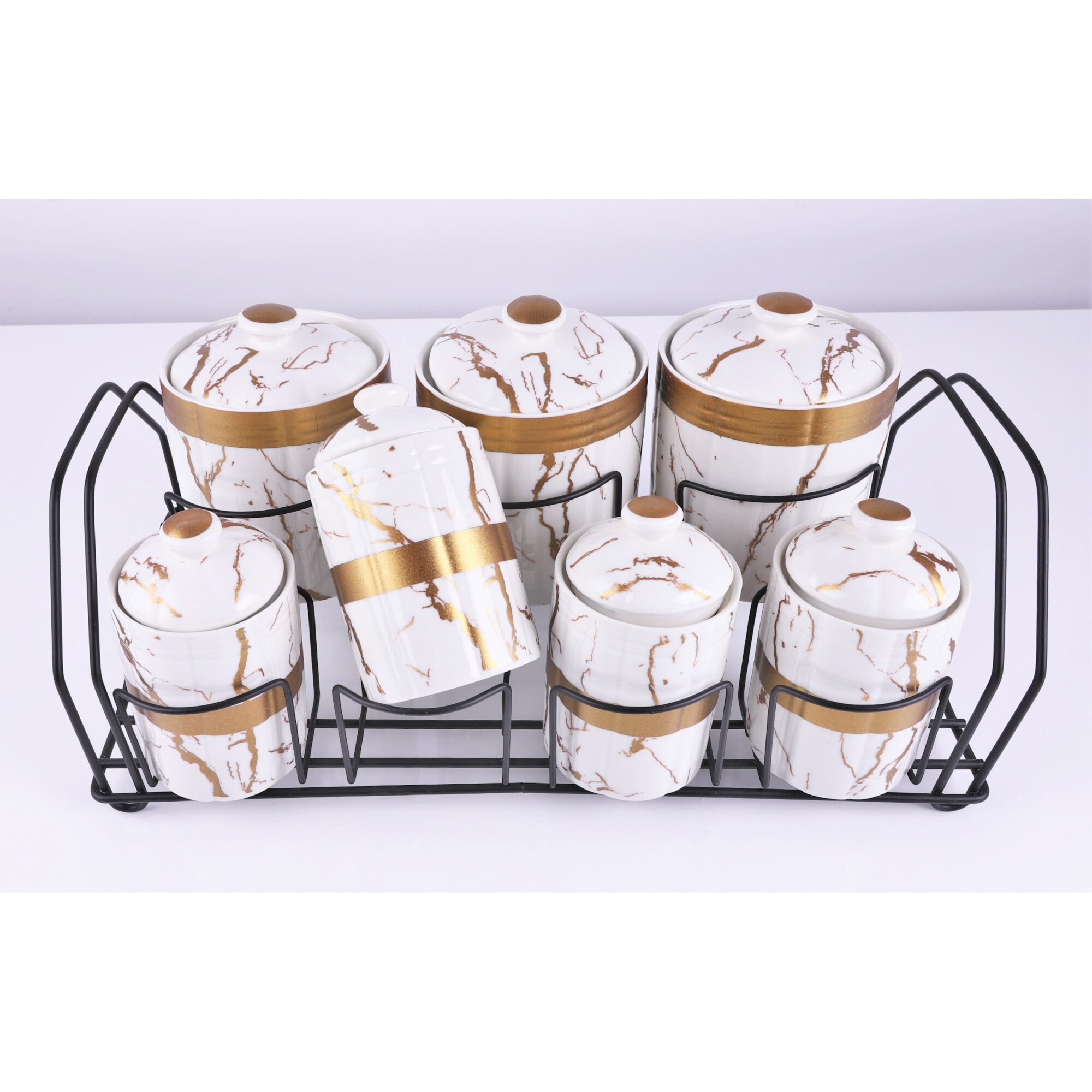 Set de 7 recipiente pentru condimente din portelan + suport metal ...