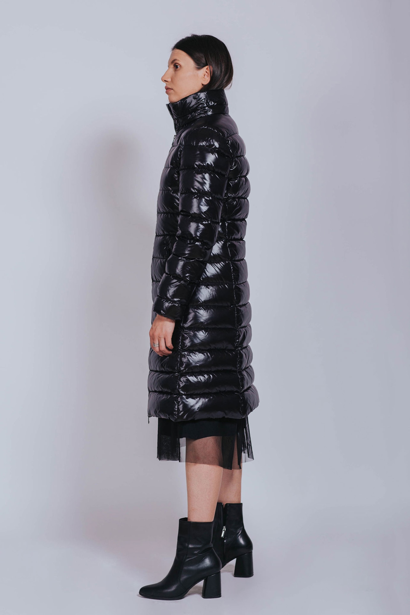 Geaca lunga cu aspect lucios, negru, L EU - eMAG.ro