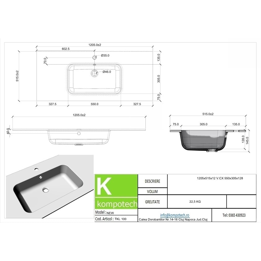Lavoar compozit pentru mobilier baie 1205x515x12 V.CX 550x305x128 mm ...