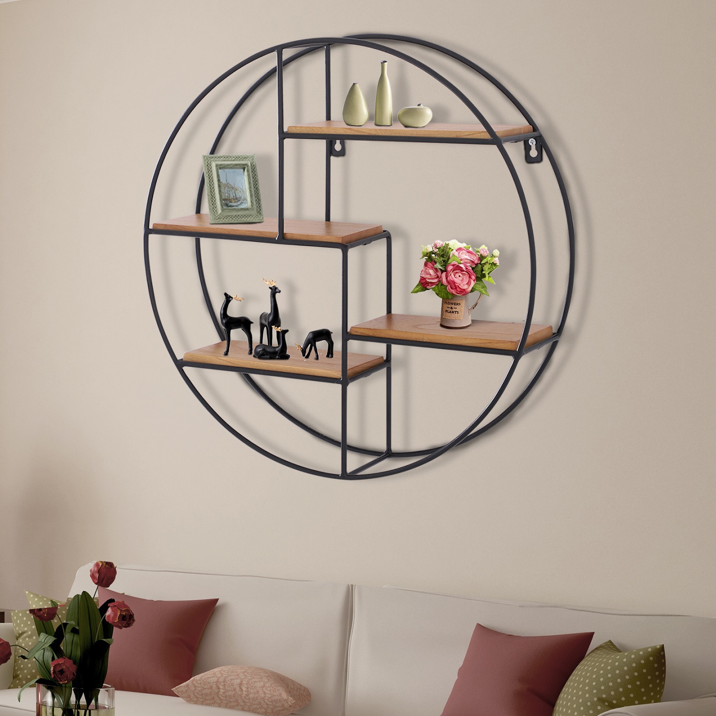 Raft cu 4 etajere, Rotund, Metal/lemn, Negru/natur, ∅45xD11 cm - eMAG.ro