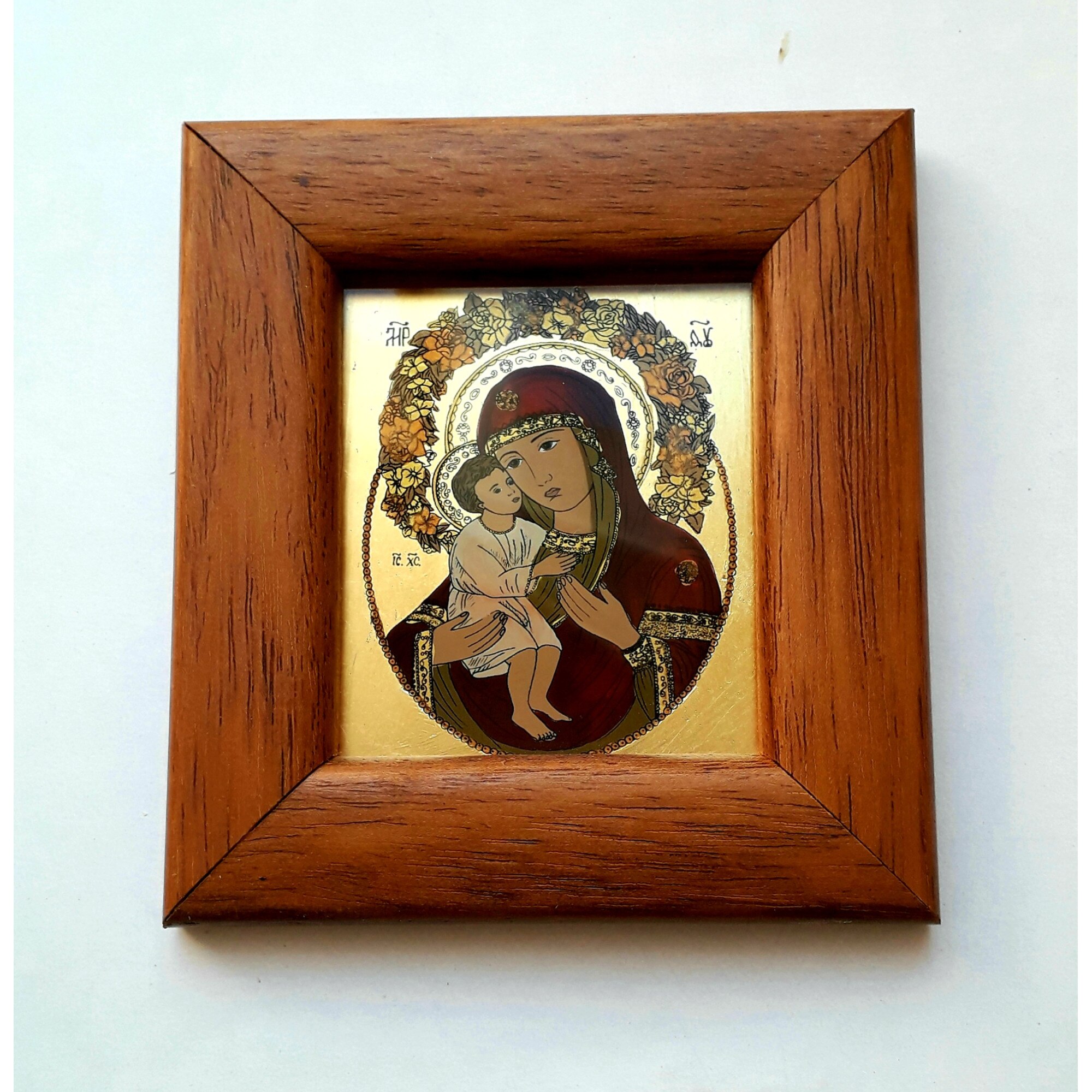 Icoana pictata pe sticla, Maica Domnului cu pruncul Isus, 12x11 cm ...