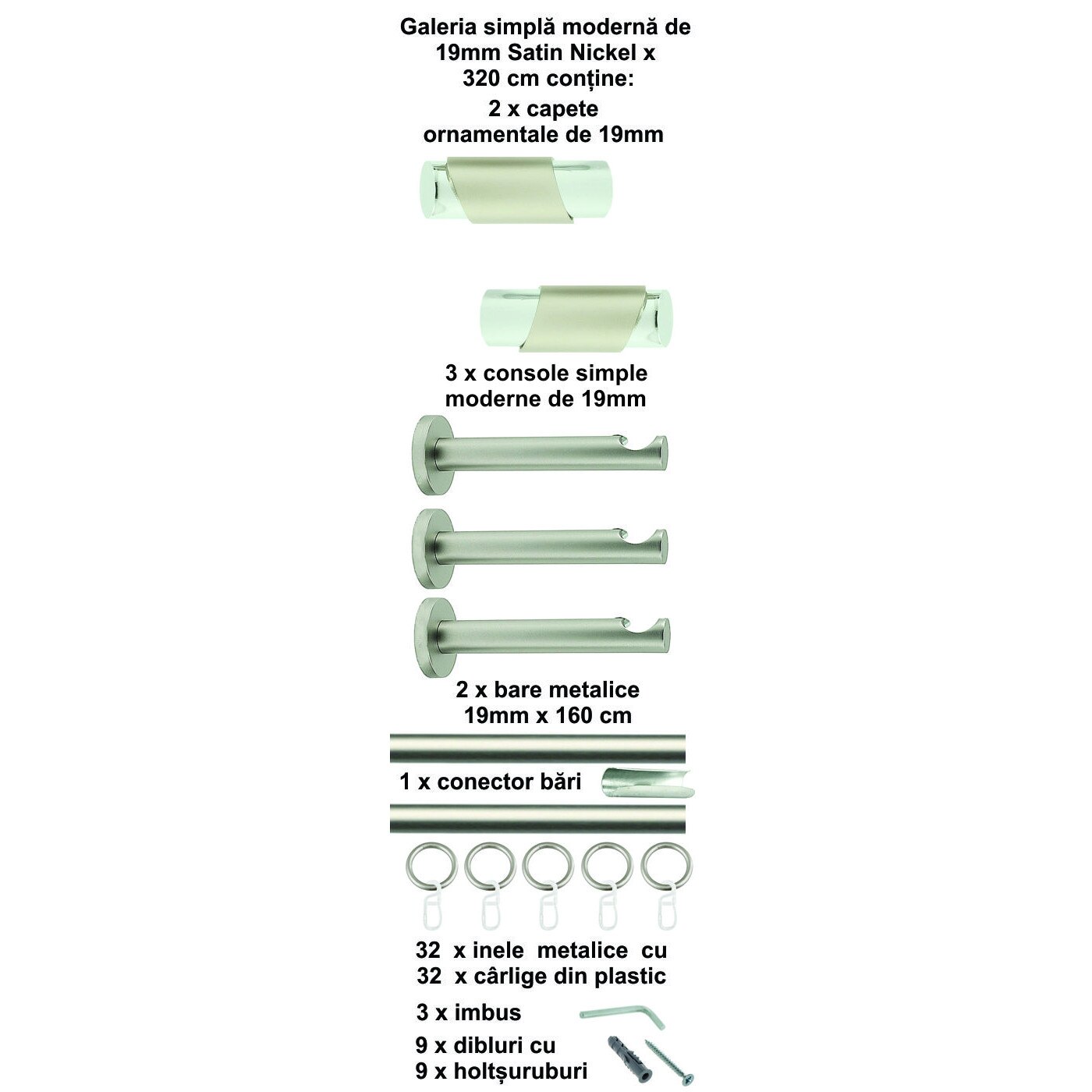 Galerie metalica Paris simpla moderna 19mm x 3.2m, satin nichel ...