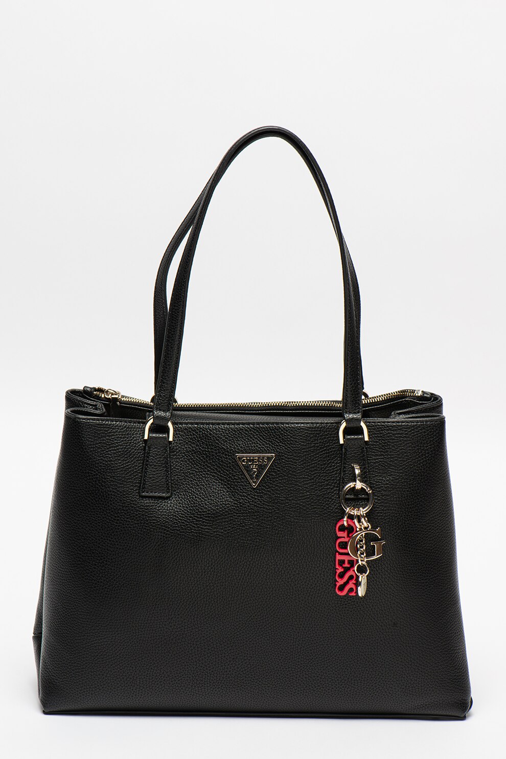 Guess, Geanta de piele ecologica, cu manere si accesoriu logo Becca ...