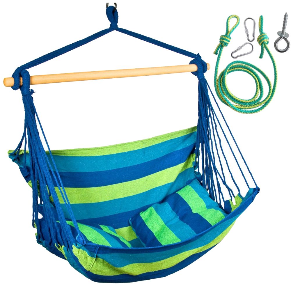 Hamac Brazilian tip Scaun, cu 2 perne, 100x100cm, Verde/Albastru Cu Kit ...