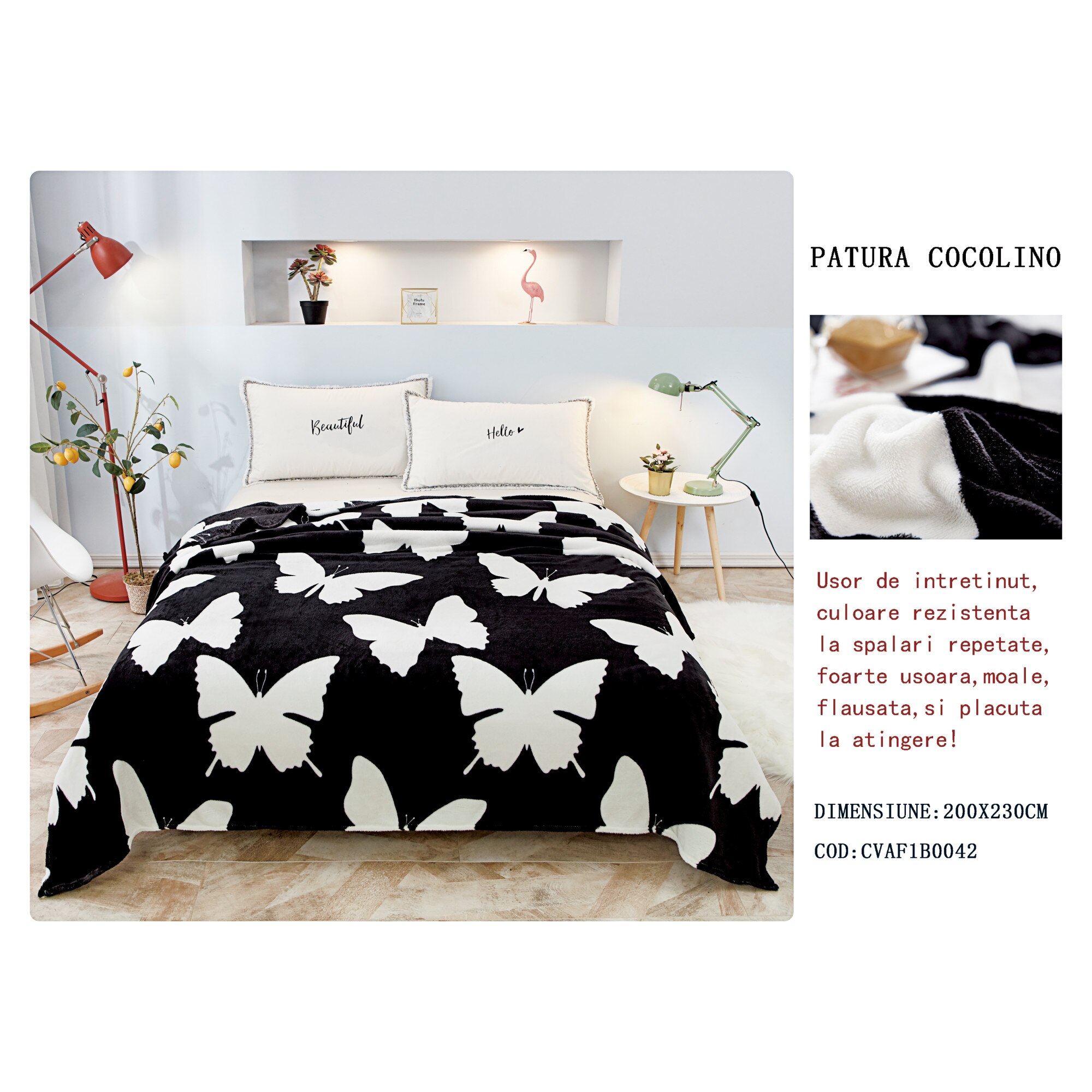 Patura cocolino 230x200 Negru/Alb Fleece CVAF1B0042 - eMAG.ro