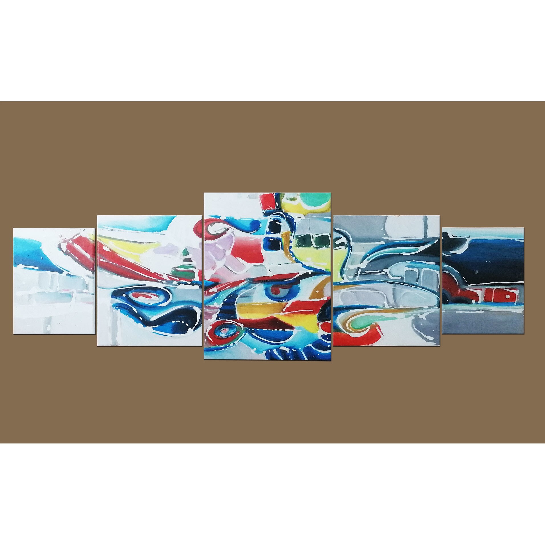 Set 5 tablouri abstracte "Compozitie", 40 x 120cm, pictat manual de ...