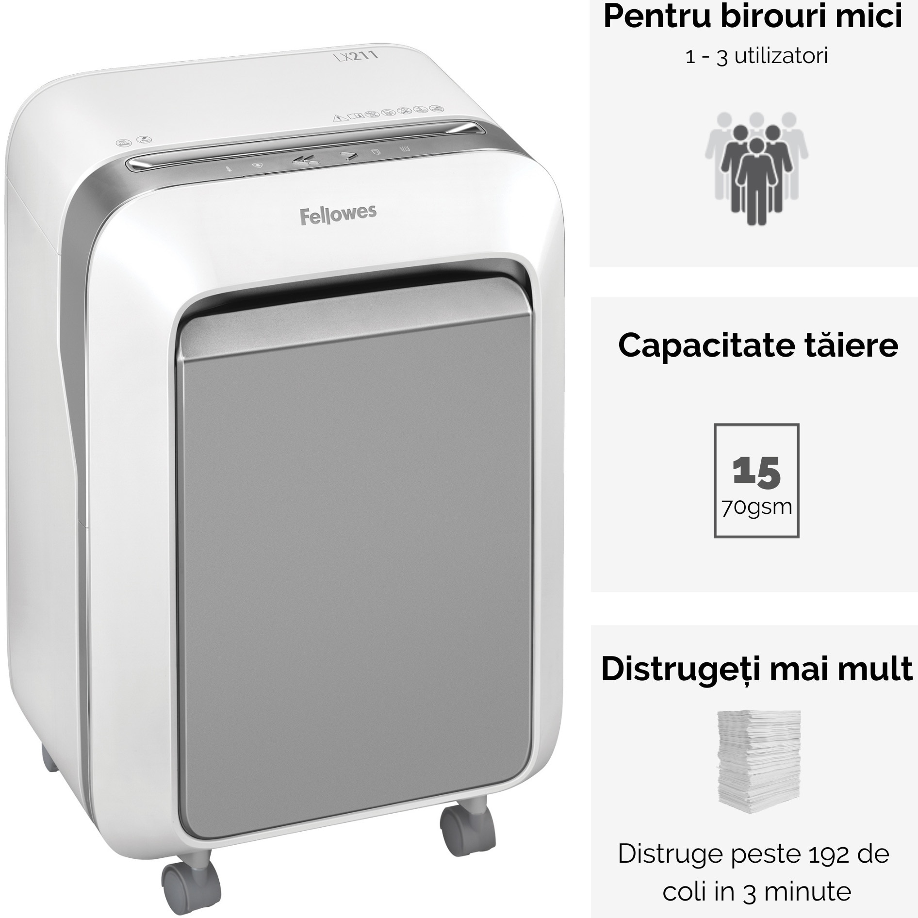 Distrugator documente Fellowes LX211, micro cut, 15 coli, alb - eMAG.ro