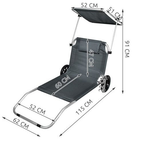Sezlong pliabil cu acoperis, pe roti, Gaia, gri, 115 x 52 cm, Otel ...