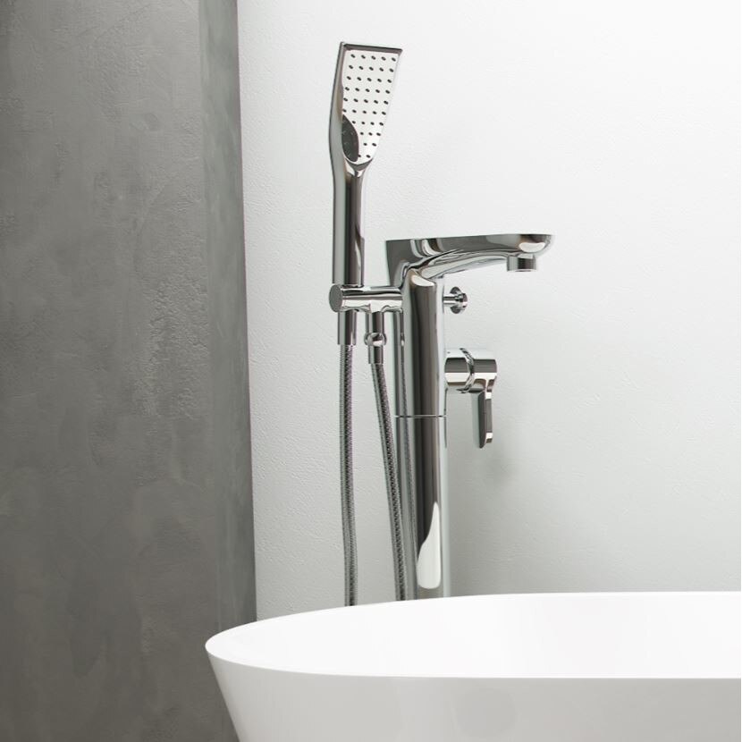 Baterie cada cu montaj pe podea, freestanding, crom, set de dus inclus ...