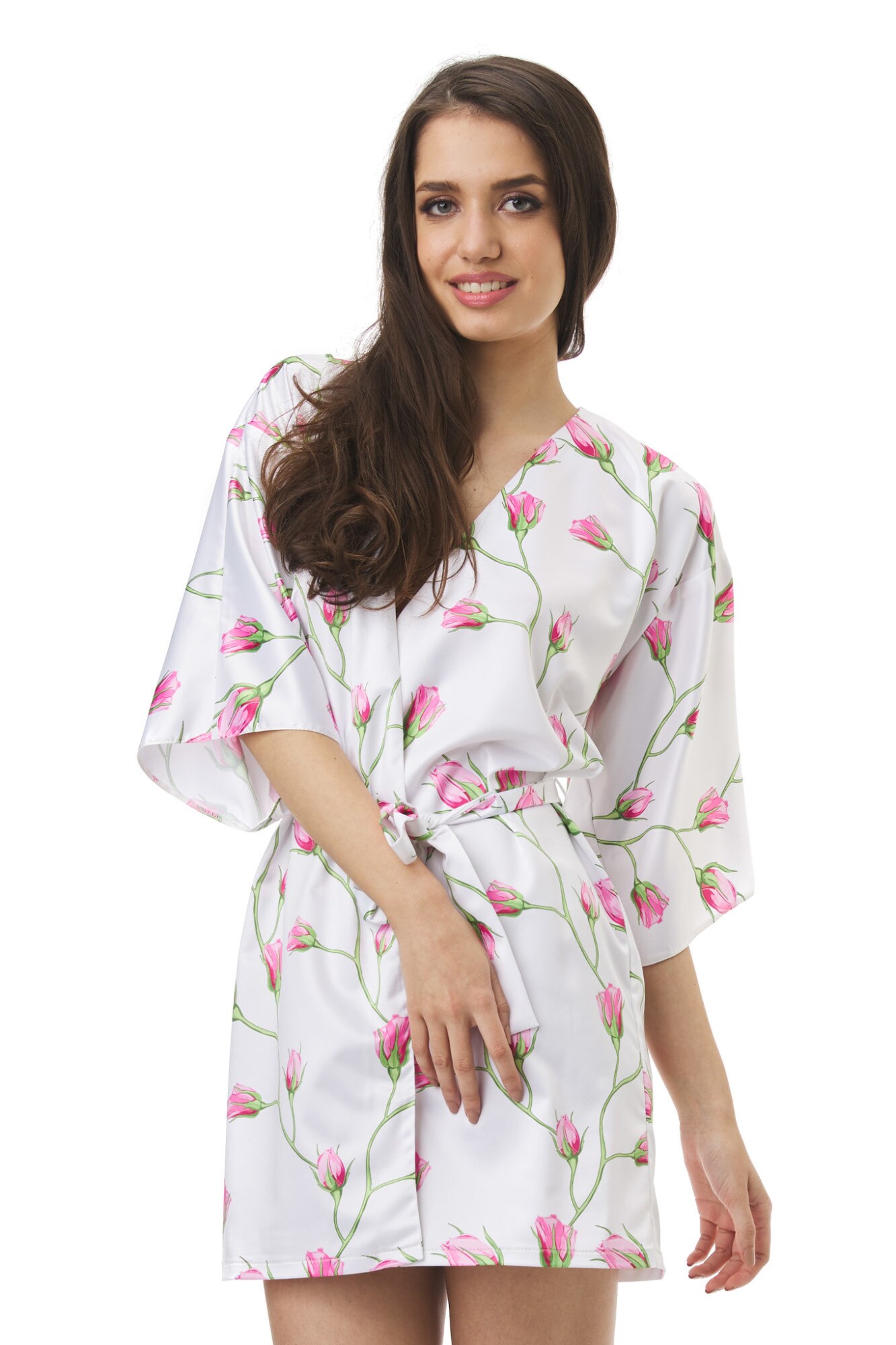 Halat En Privé din satin de matase, Model Grace Roses White, Multicolor ...