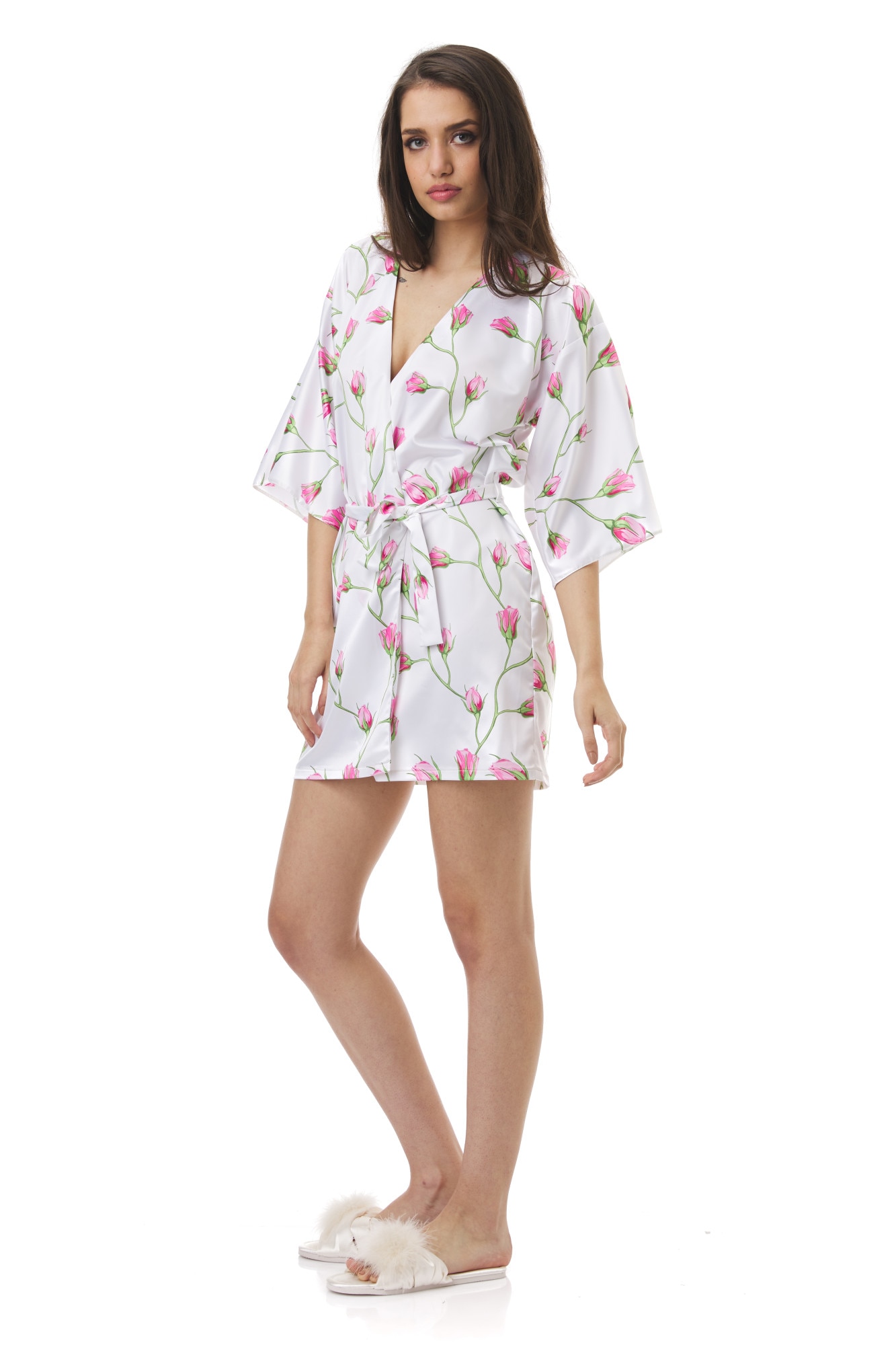 Halat En Privé din satin de matase, Model Grace Roses White, Multicolor ...