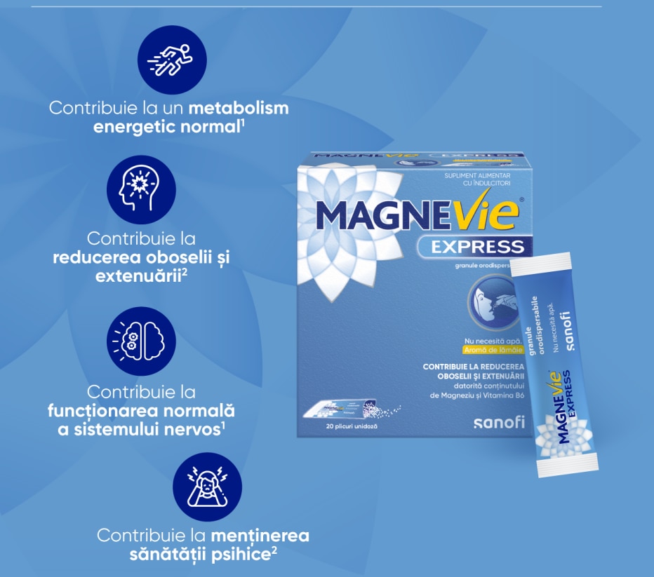 Magnevie Express, Magneziu 150mg + B6 0.7mg, Sanofi, 20 plicuri - eMAG.ro