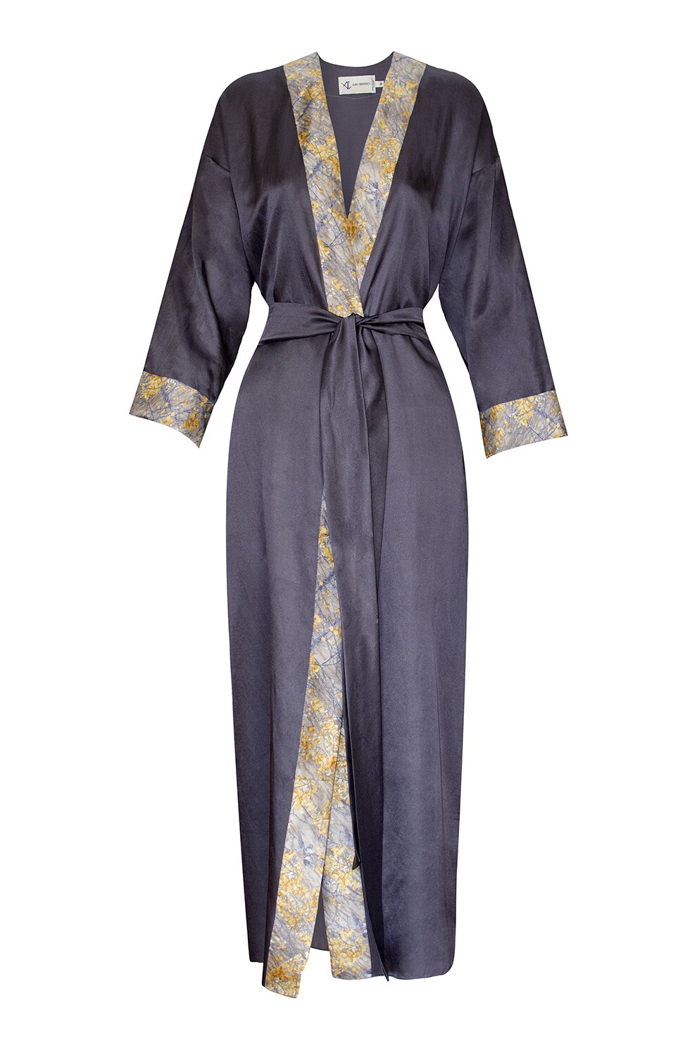 Alina Cernatescu, Halat de casa din satin cu garnituri de matase, Gri ...