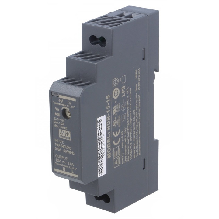 Импулсно захранване Mean Well, HDR-15-24, 24V/0.63A, DIN шина - eMAG.bg