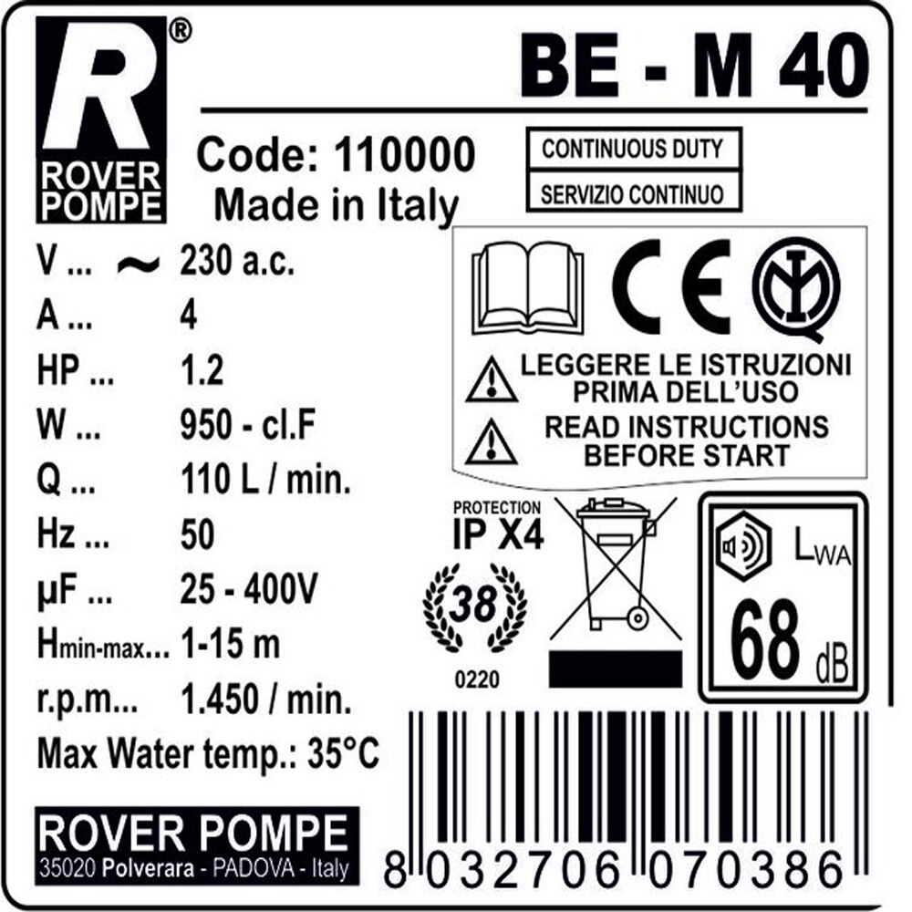 Pompa de transvazare Rover BE-M 40, 800 W, 6500 l/h, Hmax. 15 m - eMAG.ro