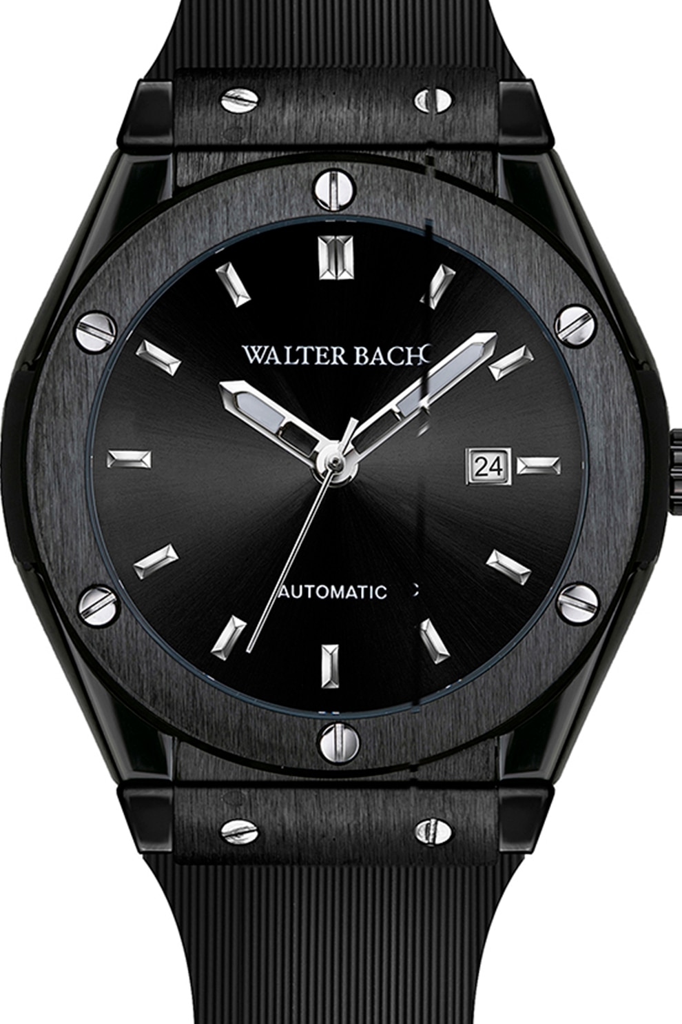 Walter Bach, Ceas automatic cu o curea din silicon, Negru/Argintiu ...