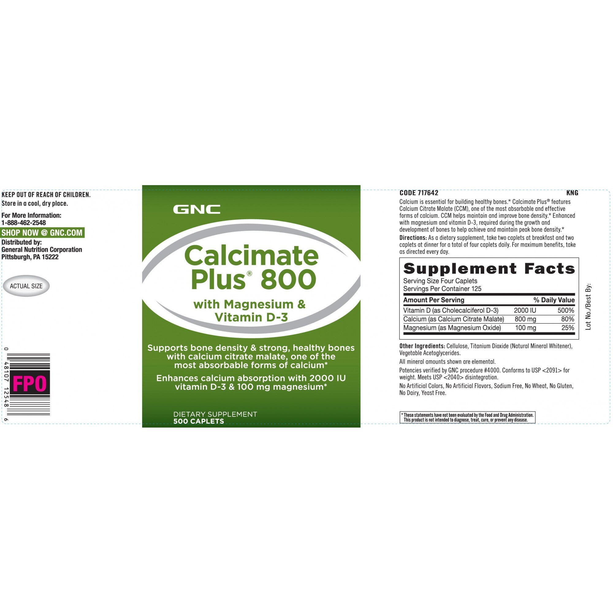 GNC Calcimate Plus 800 cu Magneziu si Vitamina D-3 - 500 Tablete - eMAG.ro