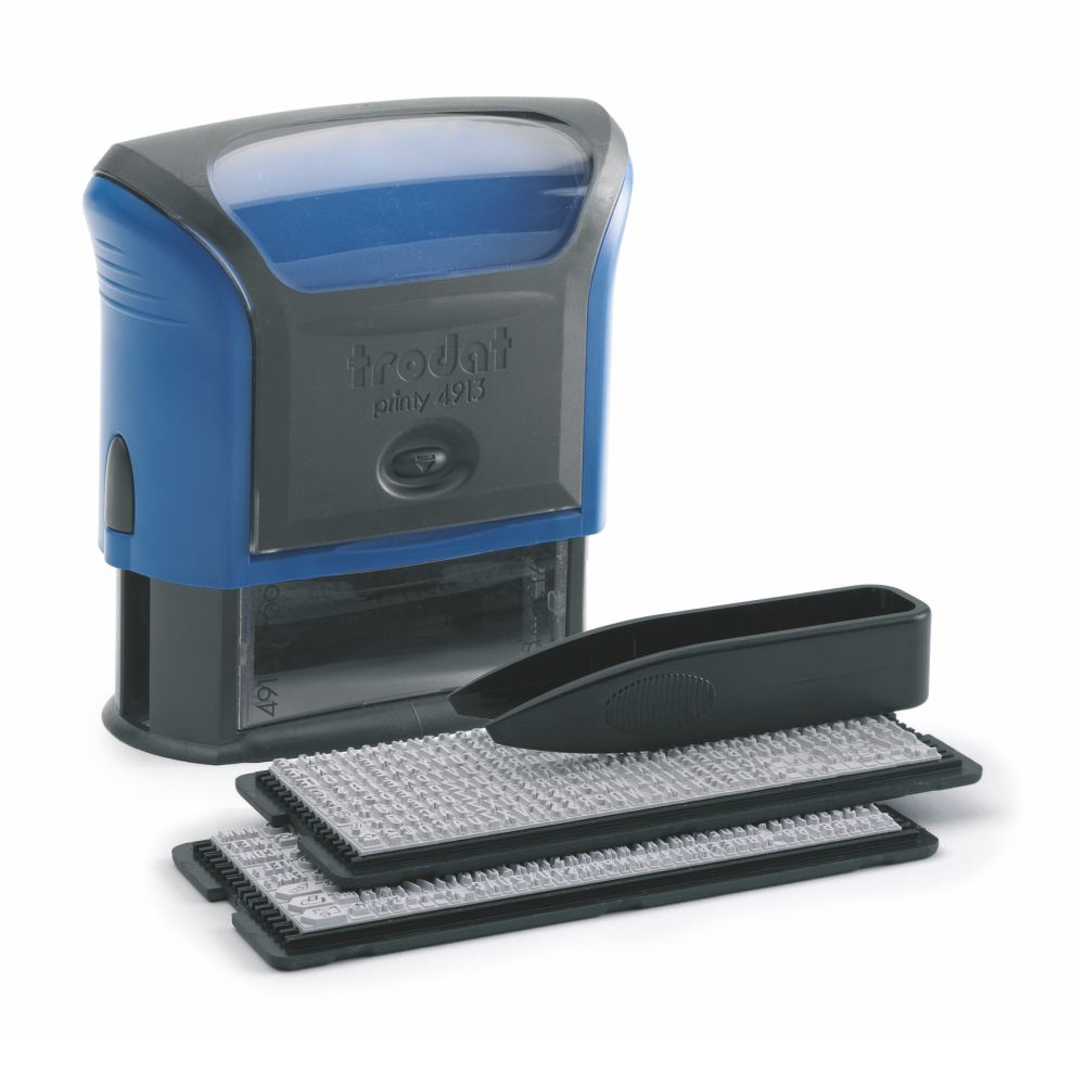Stampila DIY Trodat Printy 4913 Typo, 58x22 mm, 5 linii text, tus negru, culoare albastra - eMAG.ro