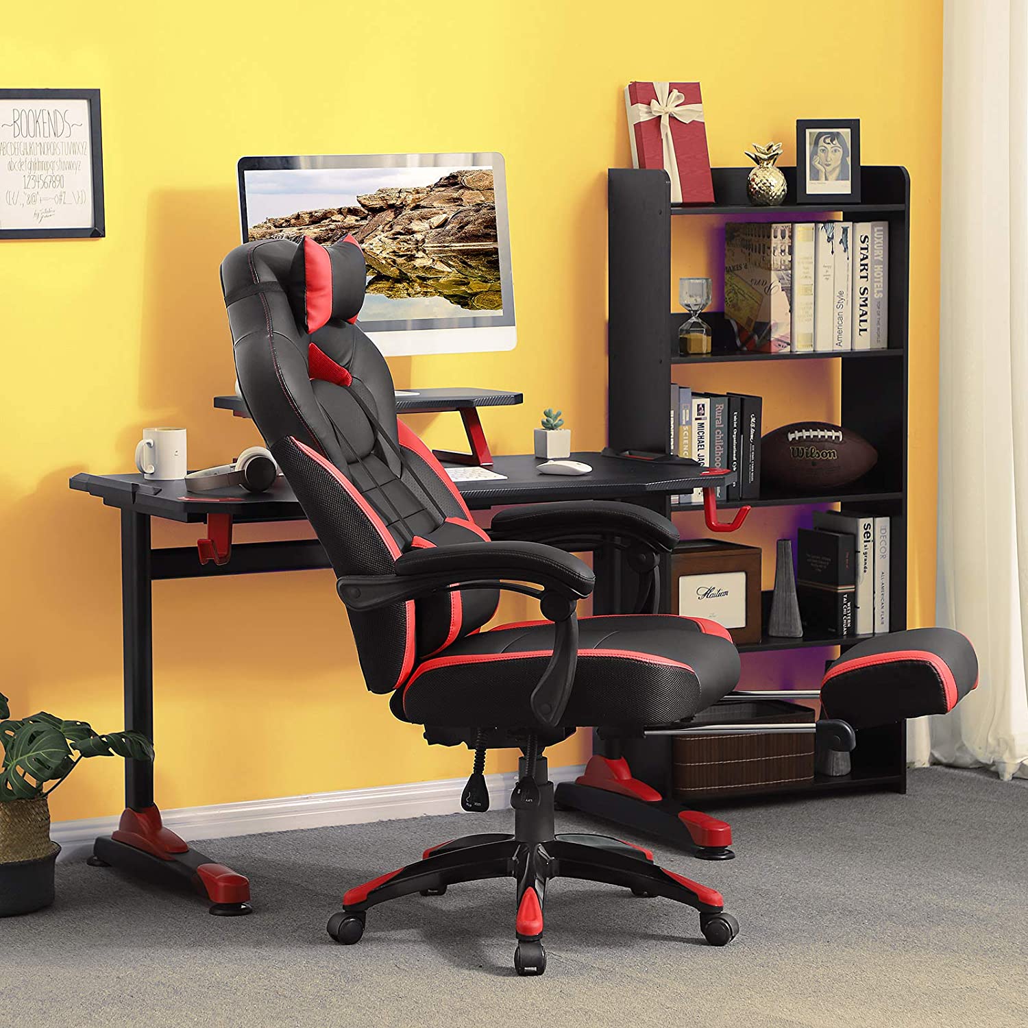 Scaun gaming cu suport pentru picioare/Scaun birou, Design ergonomic ...