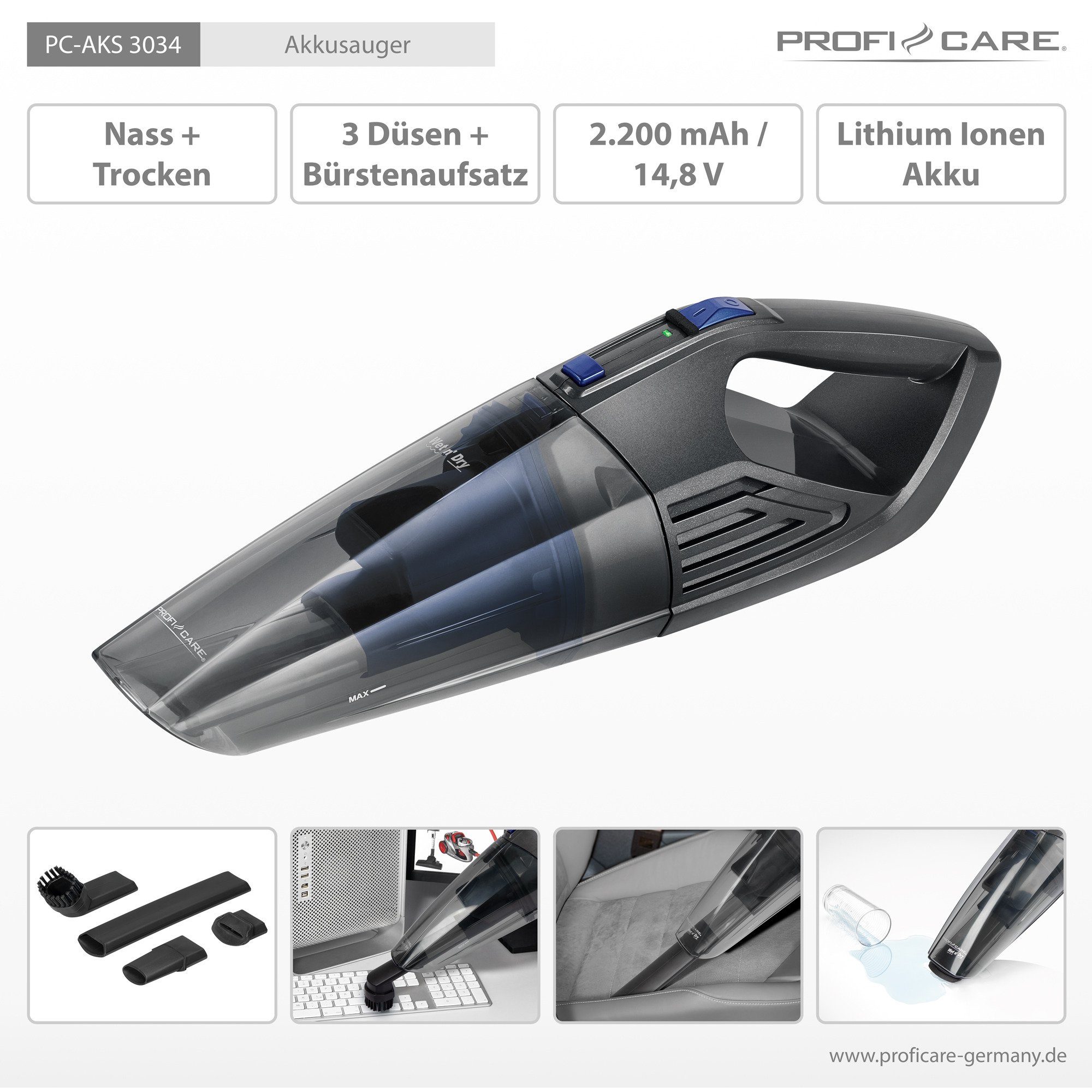 Ръчна безжична прахосмукачка Proficare PC-AKS 3034, 14.8 V, Автономия ...