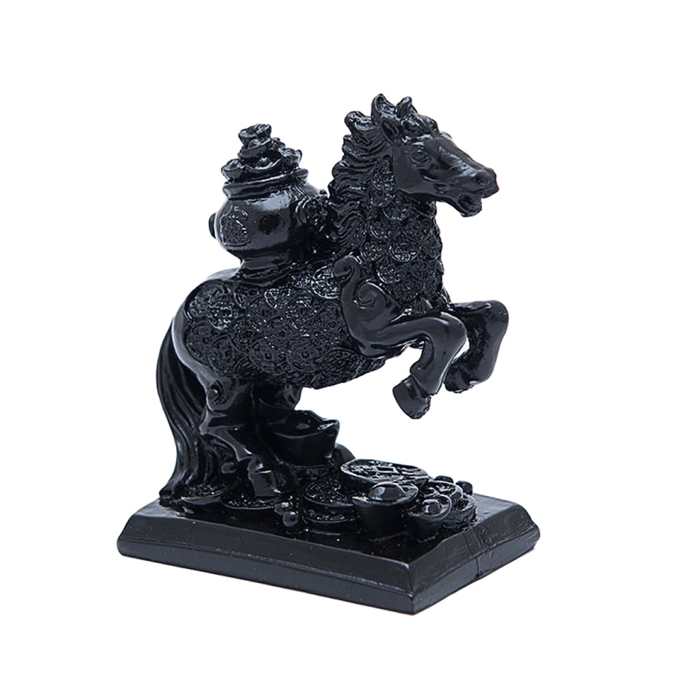 Cal negru cu Vasul Bogatiei pe suport remediu Feng Shui din Rasina, 70 ...