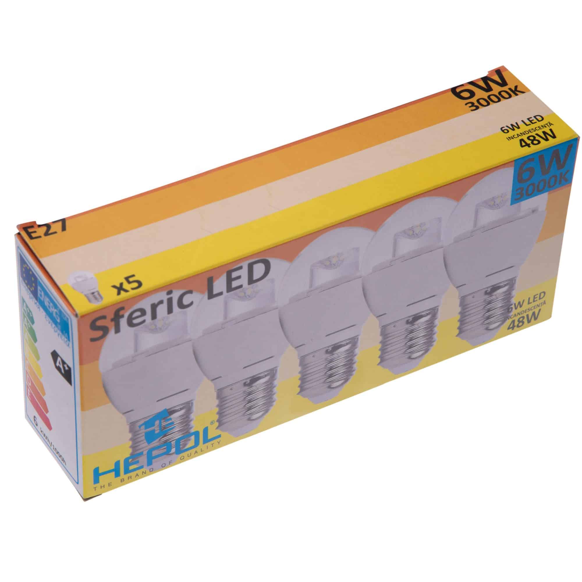 Set 5 buc. Bec LED HEPOL, forma glob, E27, 6W, 25000 ore, lumina calda ...