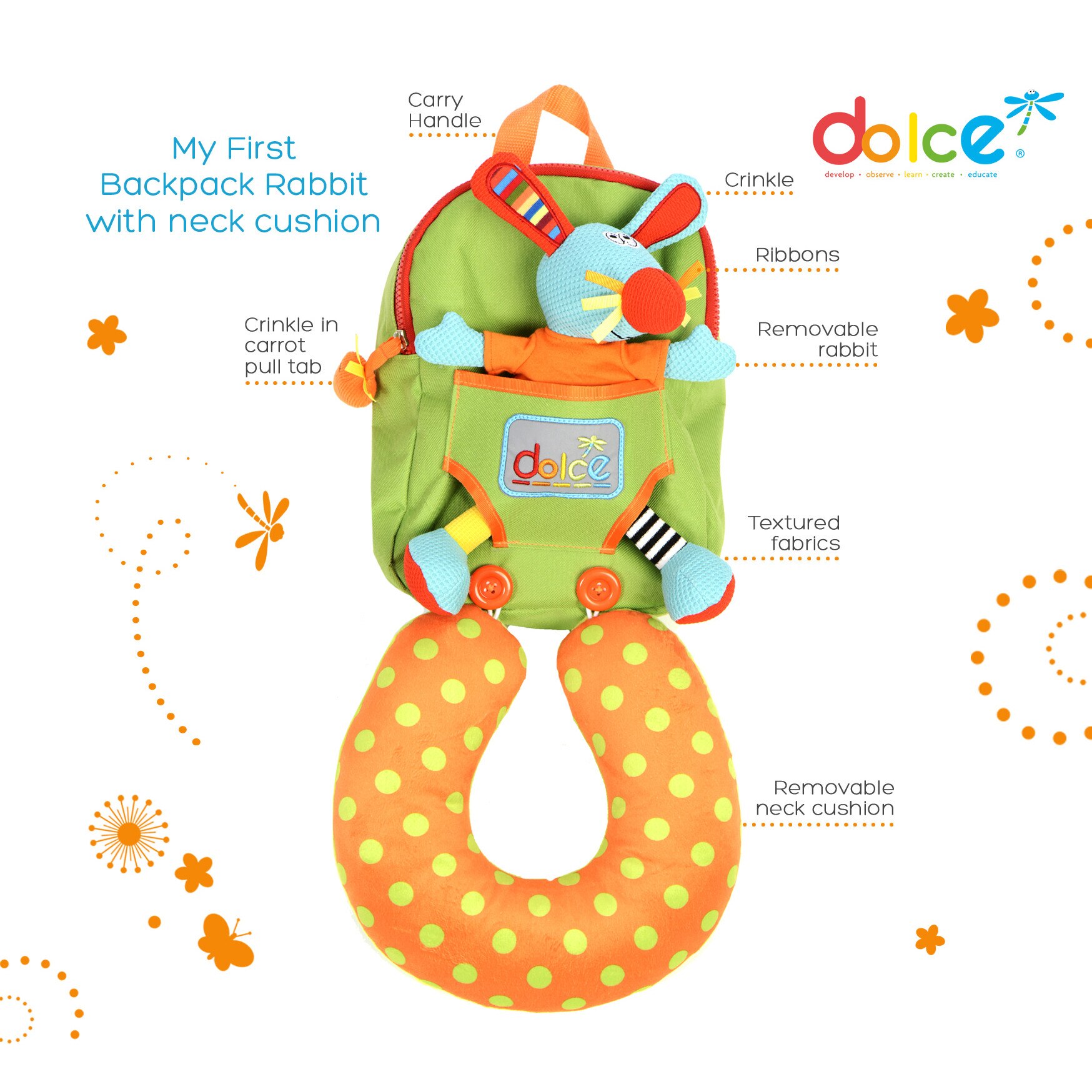 Set ghiozdan cu jucarie iepuras si perna de calatorie, Dolce - eMAG.ro