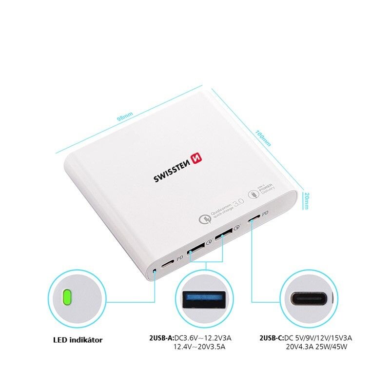 Incarcator retea Swissten 87W PD3.0 & QC4, Alb - eMAG.ro