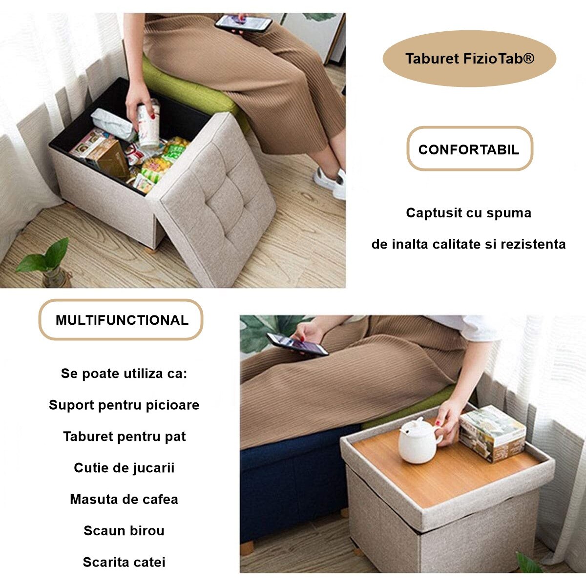 Taburet Pliabil cu Spatiu de Depozitare, FizioTab®, cu Picioare din ...