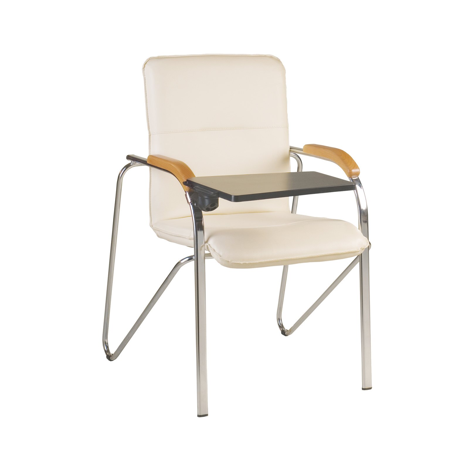 Set 2 scaune vizitator SAMBA Wood cu masuta rabatabila, Crem piele ...