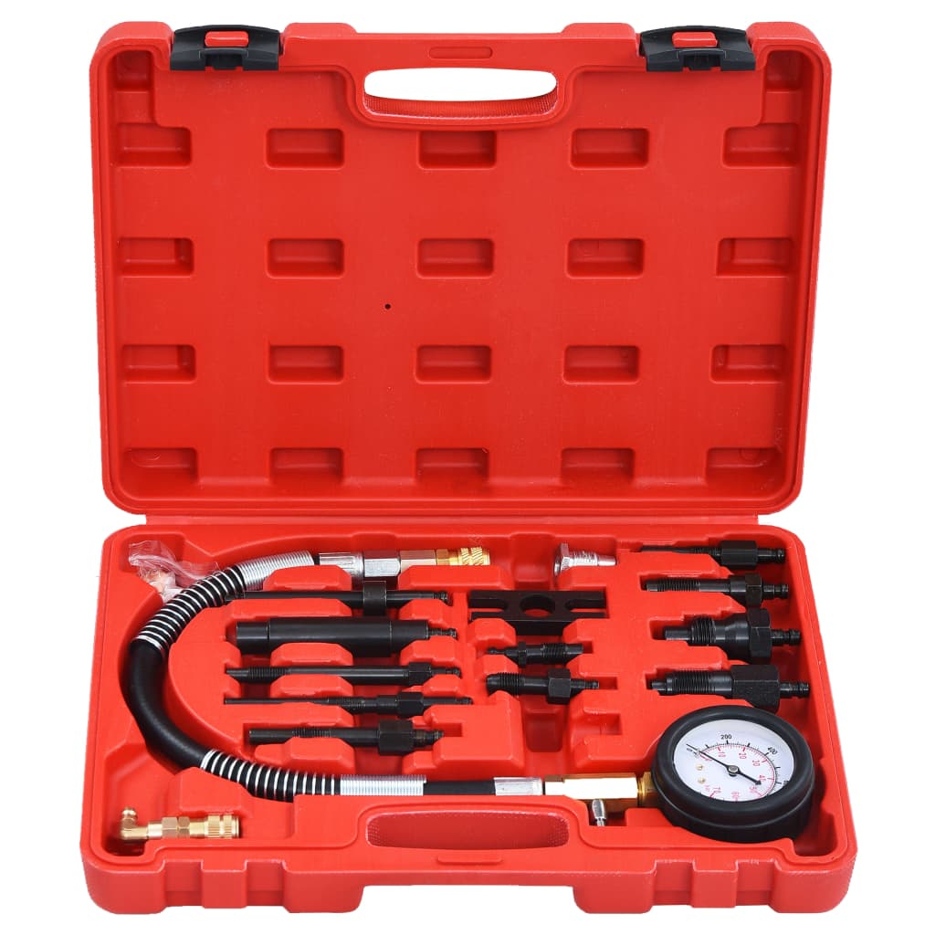 Set tester compresie motor Diesel cu manometru, vidaXL, 14 piese, Rosu ...