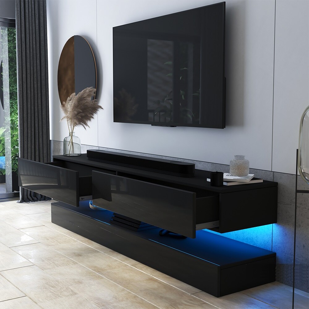 Comoda tv cu Led 140 cm negru lucios MDF, Led RGB cu telecomanda - eMAG.ro