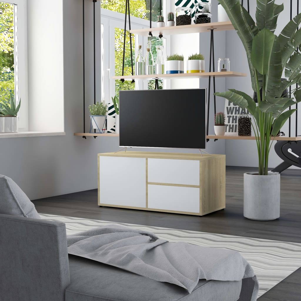 Comoda TV, alb si stejar Sonoma, 80x34x36 cm, PAL, elegant 801855 - eMAG.ro