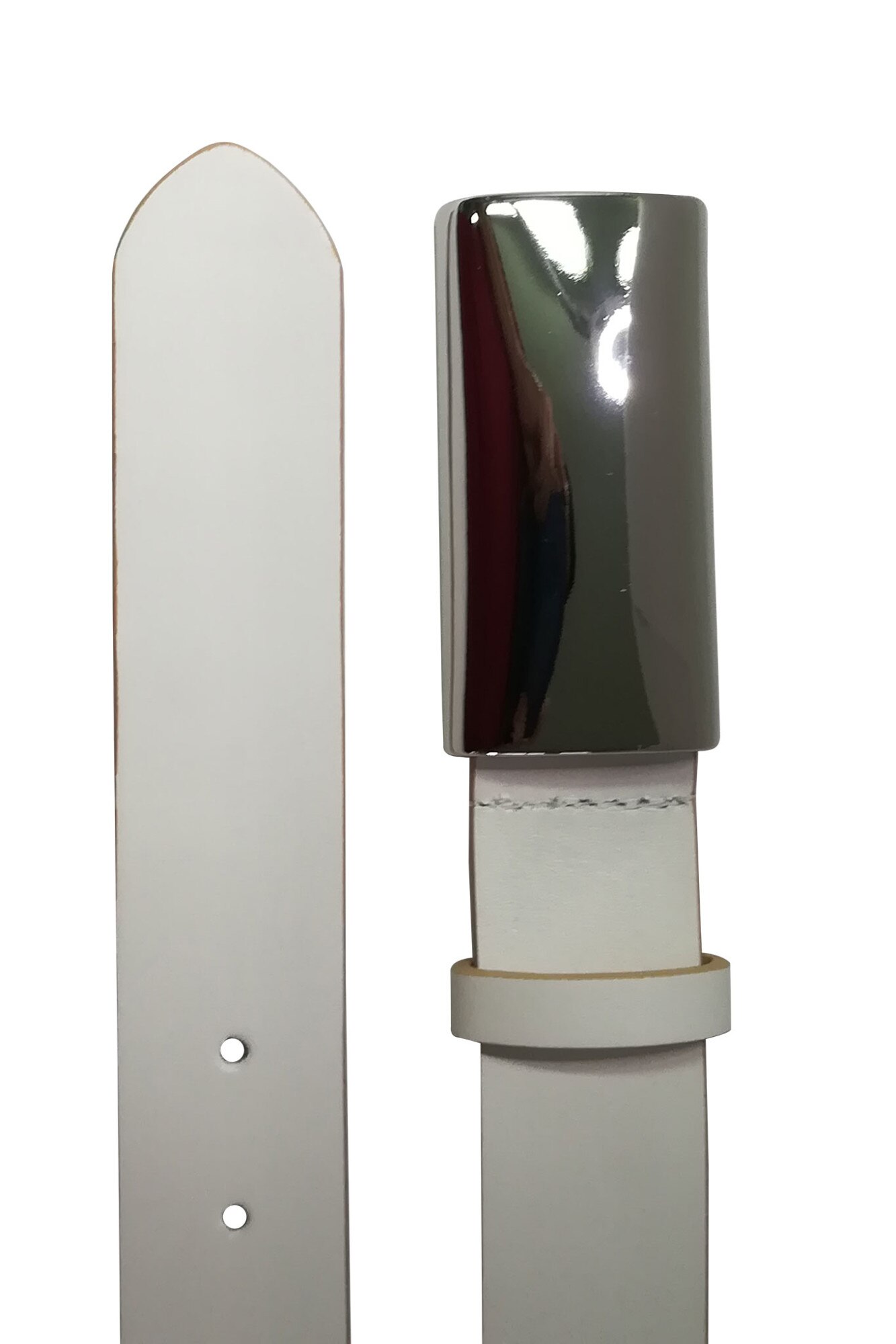 Curea din piele naturala alba cu catarama metalica-placa ,argintie ...