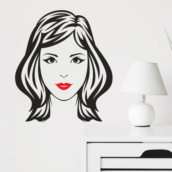 Sticker pentru perete, salon make-up, fata cu buze rosii si par scurt ...