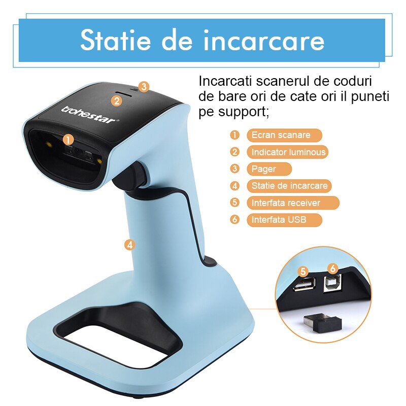 Cititor coduri de bare wireless, Trohestar, 1D CCD, 2.4GHz, 632 nm ...