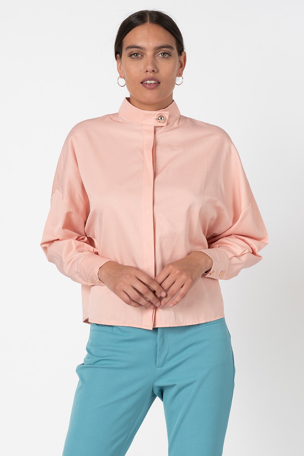 Trendyol, Camasa cu maneci cazute si guler Mao, Roz pastel, 36 - eMAG.ro