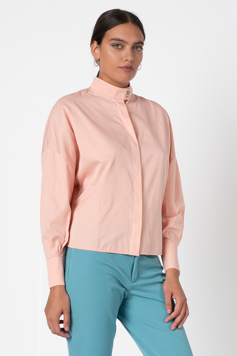 Trendyol, Camasa cu maneci cazute si guler Mao, Roz pastel, 36 - eMAG.ro