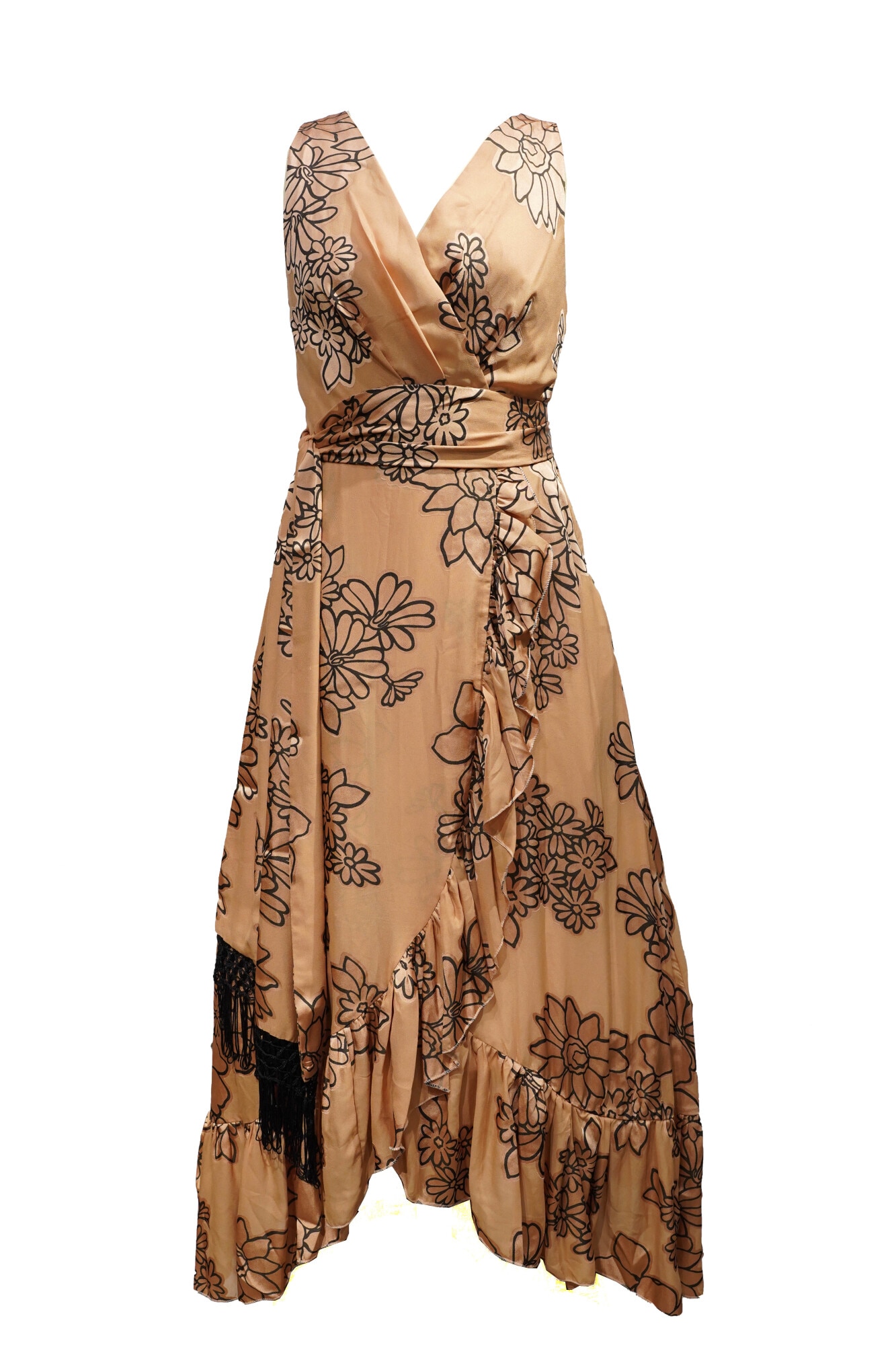 Rochie maxi asimetrica eleganta, din matase crem, model floral, 36 ...