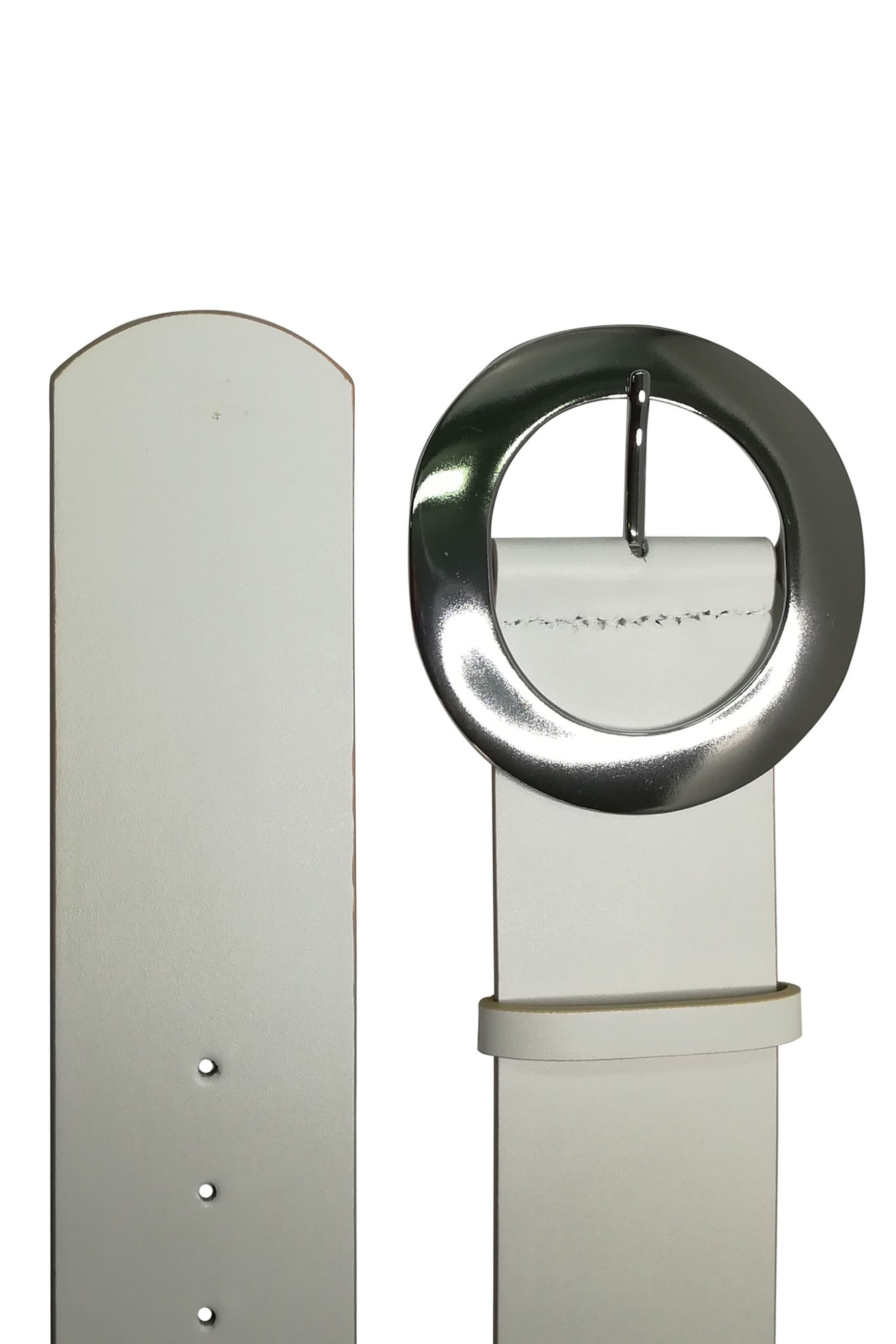 Curea piele naturala alba cu catarama metalica rotunda argintie Mabo ...