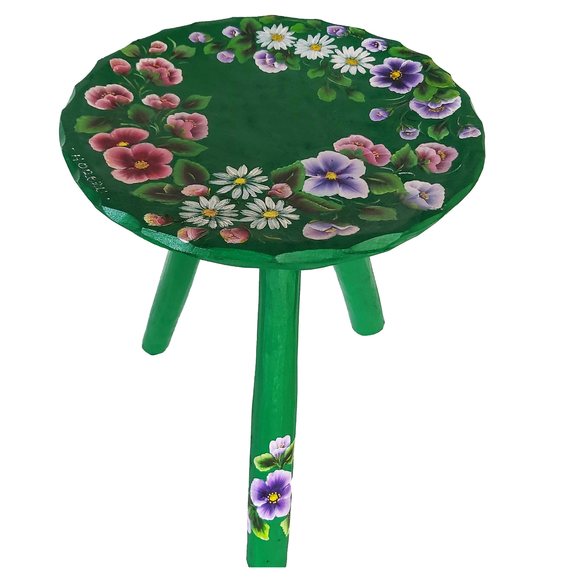 Scaun cu trei picioare, living/bucatarie/dormitor, lemn, pictat manual ...